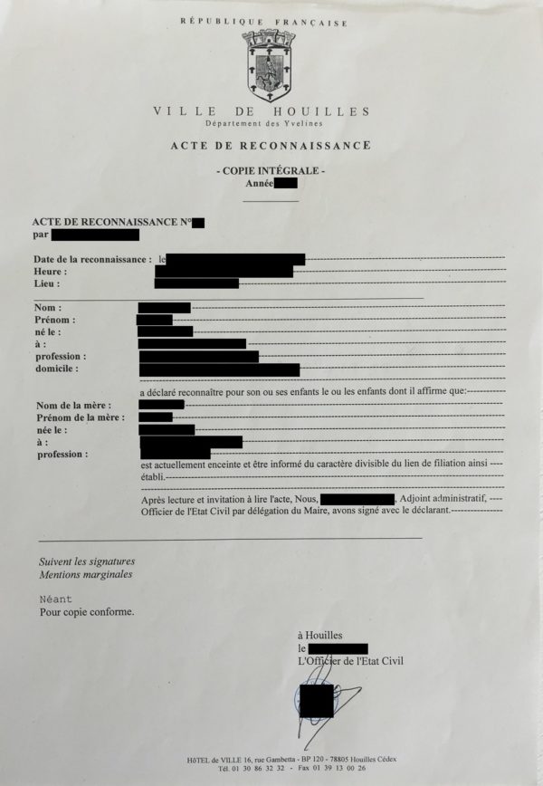 Copie intégrale d'acte de reconnaissance | Musterübersetzung, Vorlage ...