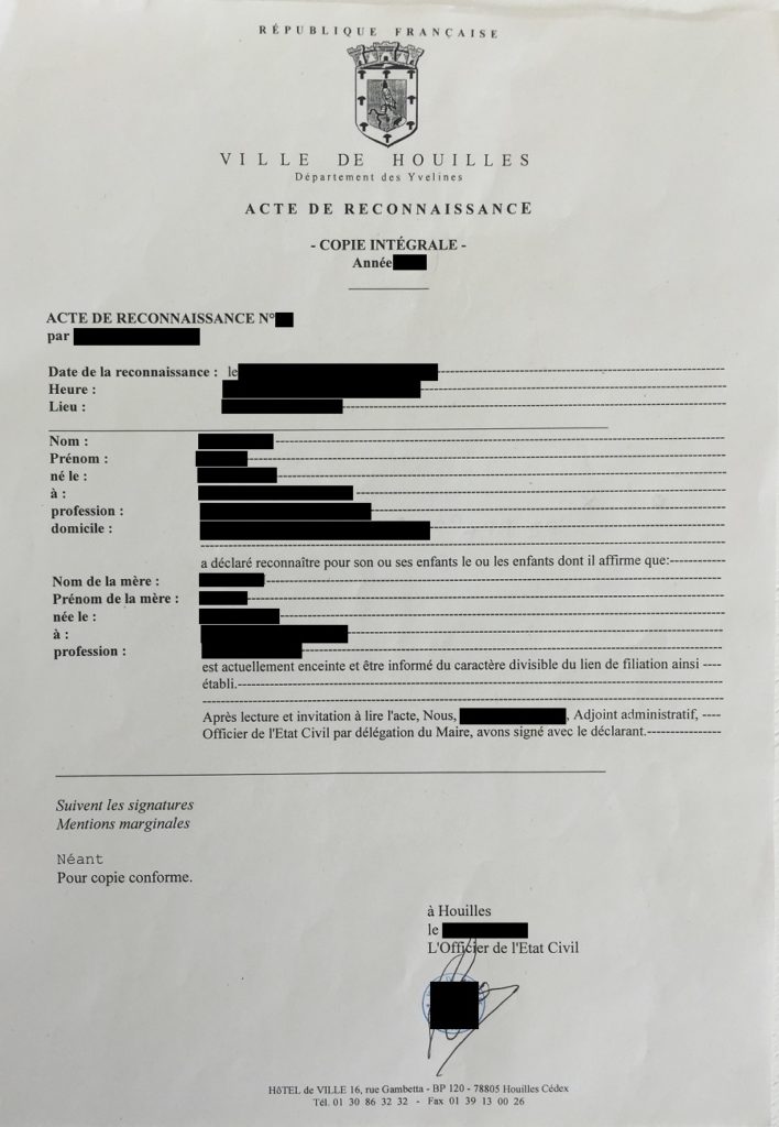 Copie intégrale d'acte de reconnaissance | Musterübersetzung, Vorlage ...