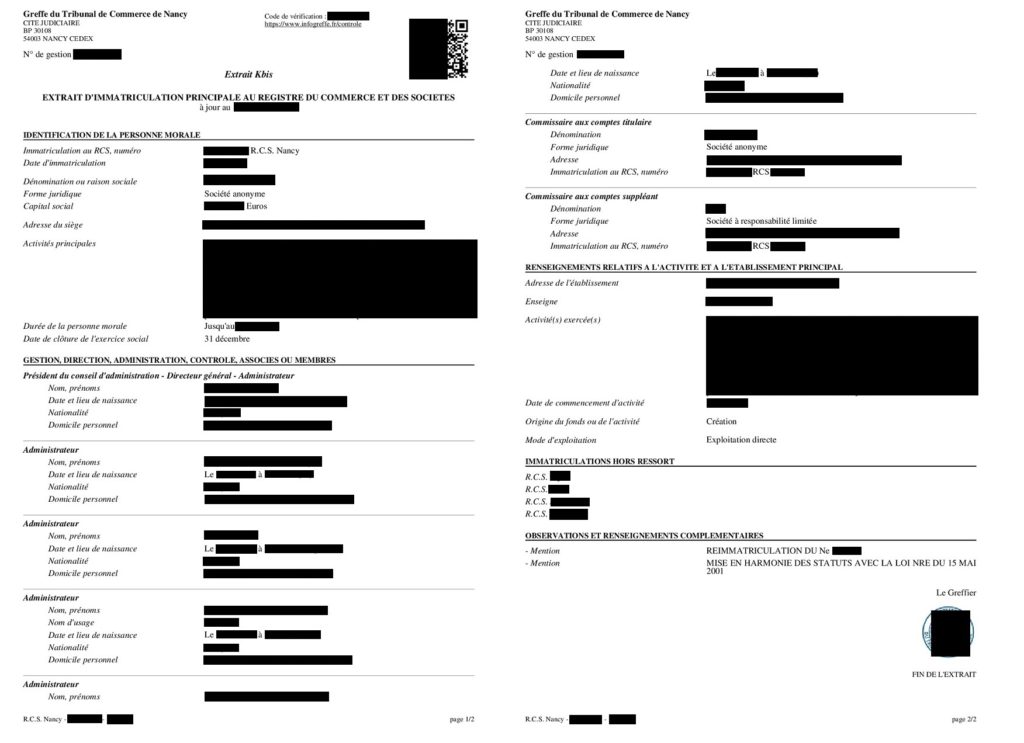 Extrait Kbis | Musterübersetzung, Vorlage für Übersetzung