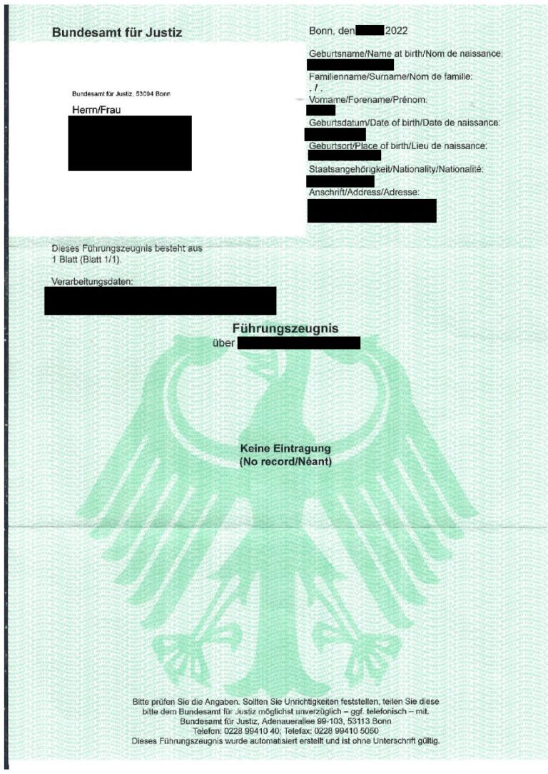 Führungszeugnis | Musterübersetzung, Vorlage für Übersetzung