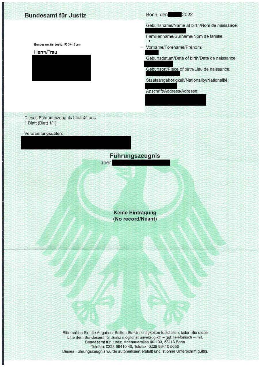 Führungszeugnis | Musterübersetzung, Vorlage für Übersetzung