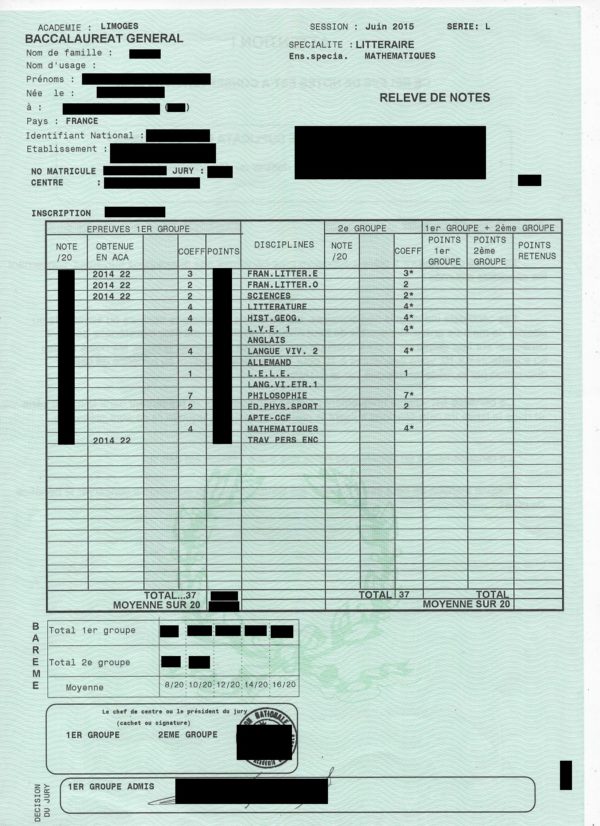 Relevé de notes du baccalauréat général | Musterübersetzung, Vorlage ...