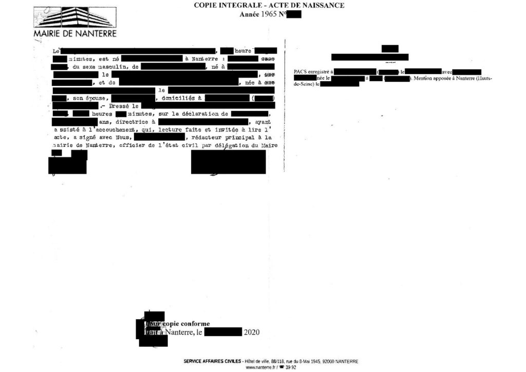 Copie d'intégrale d'acte de naissance (2020 pour 1970 ...