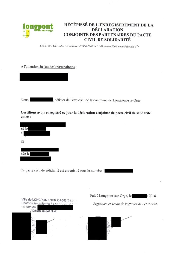 Récépissé enregistrement PACS | Musterübersetzung, Vorlage für Übersetzung