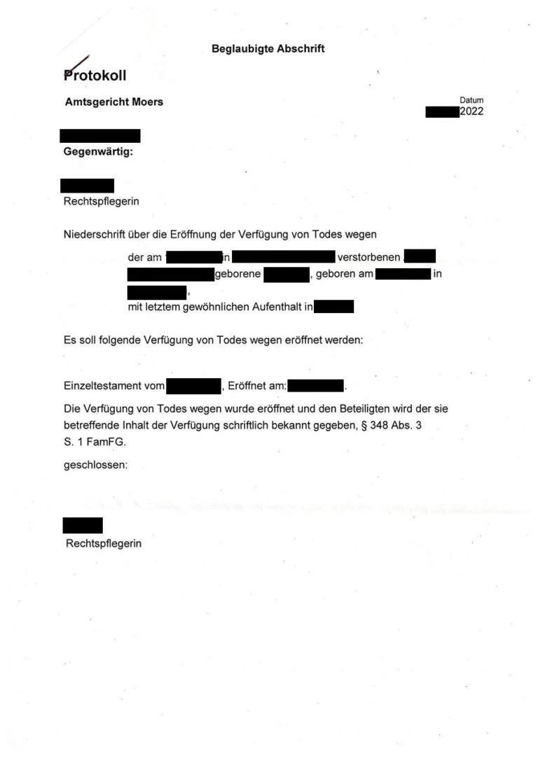 Testamentseröffnung | Musterübersetzung, Vorlage für Übersetzung